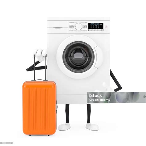 오렌지 여행 가방 현대 흰색 세탁기 캐릭터 마스코트 3d 렌더링 가방에 대한 스톡 사진 및 기타 이미지 가방 가사 집안일