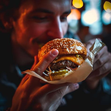 Premium Photo Close Up Shot Of A Person Eating Burger In Restaurant