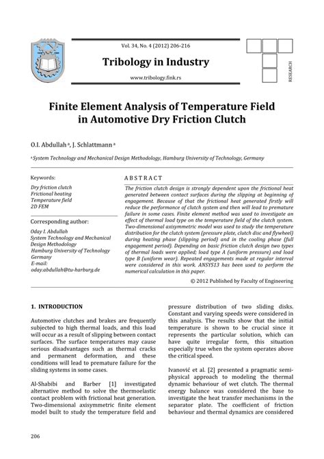 Pdf Finite Element Analysis Of Temperature Field In Automotive Dry Friction Clutch