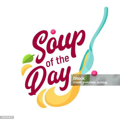 카페와 레스토랑 메뉴에 대한 오늘의 개념의 수프 타이포그래피 와 숟가락 라벨 스티커 흰색 배경에 로고 맛있는 음식 포스터 배너 전단지 브로셔 만화 플랫 벡터 일러스트 수프에
