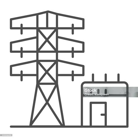 변압기 상자 및 고전압 극 얇은 선 아이콘 전기 서비스 개념 벡터 그래픽입니다 흰색 배경에 전기 안전 표시 모바일 또는 웹 디자인을위한 개요 스타일 아이콘 강철에 대한 스톡