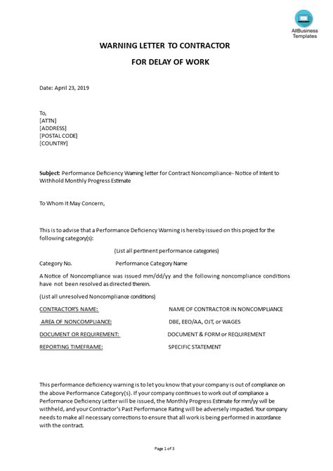 How To Draft A Warning Letter To Contractor For Delay Of Work Download This Warning Letter To