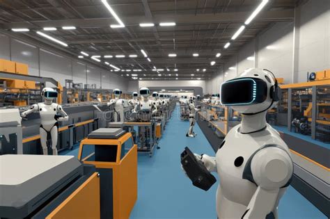 A Futuristic Factory Filled With Humanoid Robots Working On Assembly Lines Stock Illustration