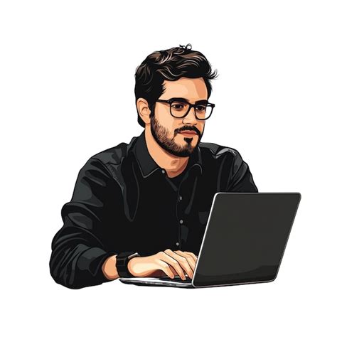 A Man Wearing Glasses Sits In Front Of A Laptop Premium Ai Generated