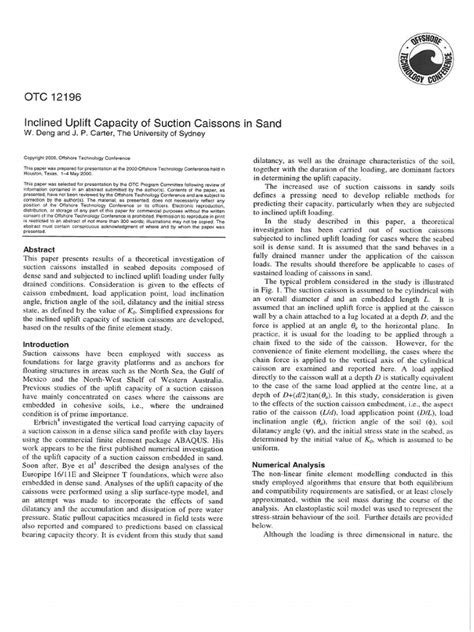 Deng And Carter 2000 Inclined Uplift Capacity Of Suction Caissons In Sand Pdf
