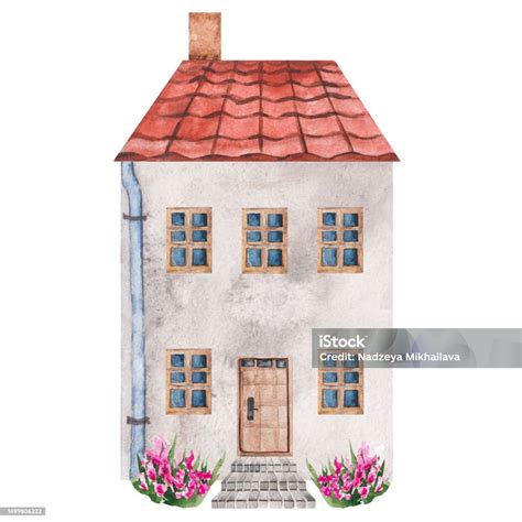 문과 창문 기와 지붕 계단 화분이 있는 수채화 집입니다 흰색 배경에 격리된 클립아트 엽서 책 포스터 어린이 방에 대한 삽화 마을에 대한 스톡 벡터 아트 및 기타 이미지