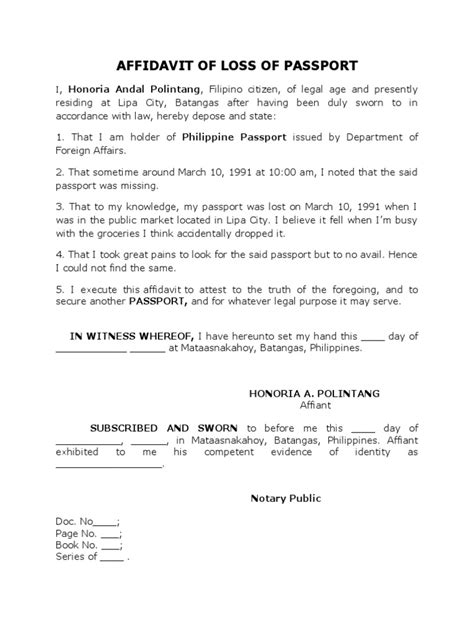 Affidavit Of Loss Of Passport Format Pdf