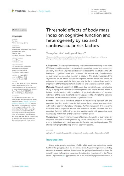 Pdf Threshold Effects Of Body Mass Index On Cognitive Function And