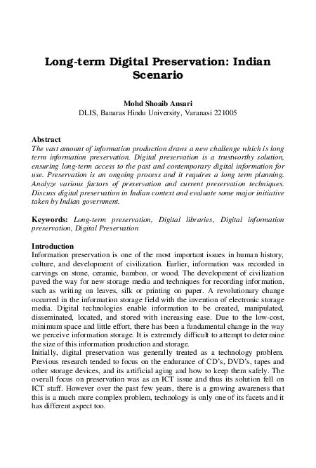 Pdf Long Term Digital Preservation Indian Scenario