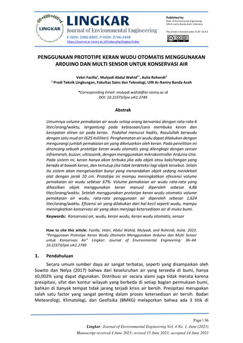 Pdf Penggunaan Prototipe Keran Wudu Otomatis Menggunakan Arduino Dan