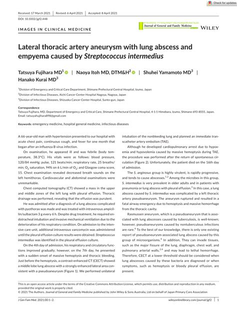 Pdf Lateral Thoracic Artery Aneurysm With Lung Abscess And Empyema Caused By Streptococcus