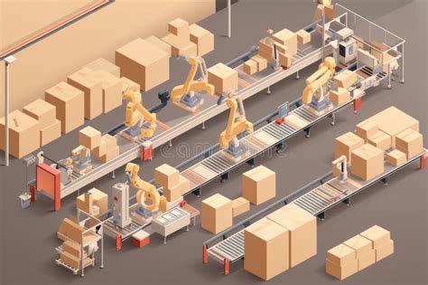 Packaging And Sorting Robots Working In Busy Factory Packaging Products For Shipment Stock