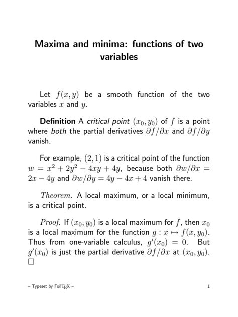Maxima And Minima Functions Of Two Variables Typeset By Foiltex 1 Pdf Maxima And