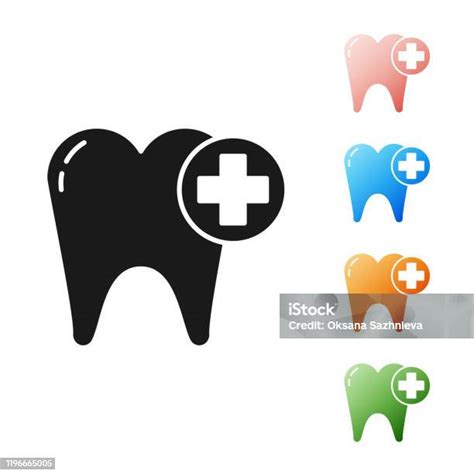 흰색 배경에 격리 된 검은 치아 아이콘입니다 치과 클리닉 또는 치과 의료 센터 및 치약 패키지용 치아 기호 다채로운 아이콘을 설정합니다 벡터 일러스트레이션 개념에 대한 스톡