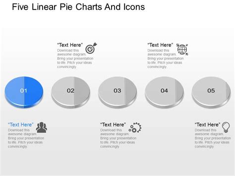 Io Five Linear Pie Charts And Icons Powerpoint Template PowerPoint Slide Presentation Sample