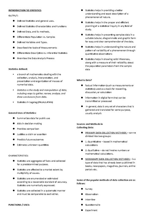 Stats Lesson 1 Lecture Notes Statistics Introduction To Statistics