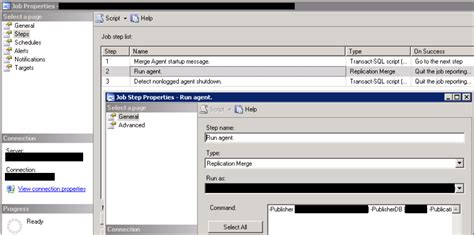 sql server how to run merge agent job step on tsql database