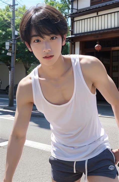 美しい少年、かわいい男の子、18歳、日本の男の子、タンクトップ、町中、、大きな目、マラソン Seaart Ai