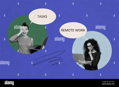 Composite Photo Collage Of Two Female Colleagues Work Home Remote Macbook Scroll Workload Tasks