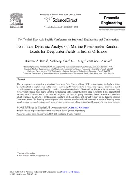 Pdf Nonlinear Dynamic Analysis Of Marine Risers Under Random Loads For Deepwater Fields In