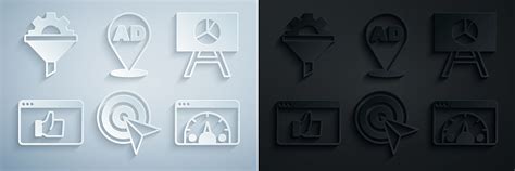 타겟 그래프 차트가 있는 보드 고객 제품 등급 웹사이트 통계 광고 및 판매 깔때기 톱니바퀴 아이콘을 설정합니다 벡터 3차원 형태에 대한 스톡 벡터 아트 및 기타 이미지