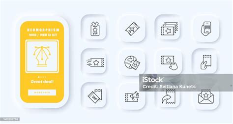 티켓 세트 아이콘입니다 Vip 장소 별 Thetre 전시회 비행기 비행 전화 바코드 여행 행성 손 확성기 봉투 문서 개념을 전달합니다 신형성 Ui 휴대폰 앱 화면 아이콘에