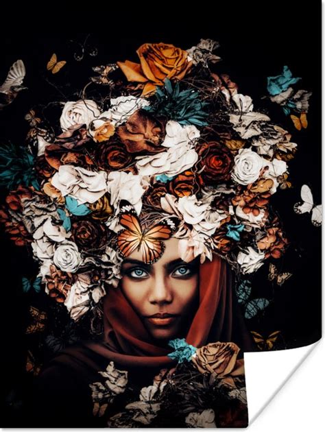 Poster Bloemen Vlinder Vrouwen Hoofddoek 90x120 Cm Bol