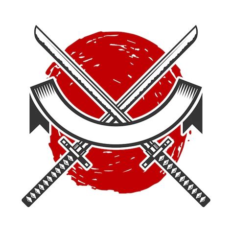교차 카타나 칼이 있는 엠블럼 로고 레이블 기호 포스터 티셔츠 벡터 그림 디자인 요소 프리미엄 벡터
