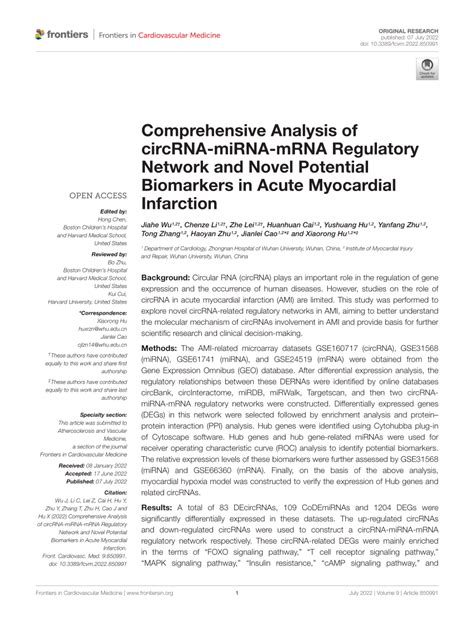 Pdf Comprehensive Analysis Of Circrna Mirna Mrna Regulatory Network And Novel Potential
