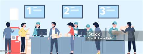 편지와 소포를 가진 우체국 배달 사무소 및 방문자 편지 주문 우편 서비스 및 책상 뒤의 직원 대기 라인 최근 벡터 문자 개념에 대한 스톡 벡터 아트 및 기타 이미지 Istock