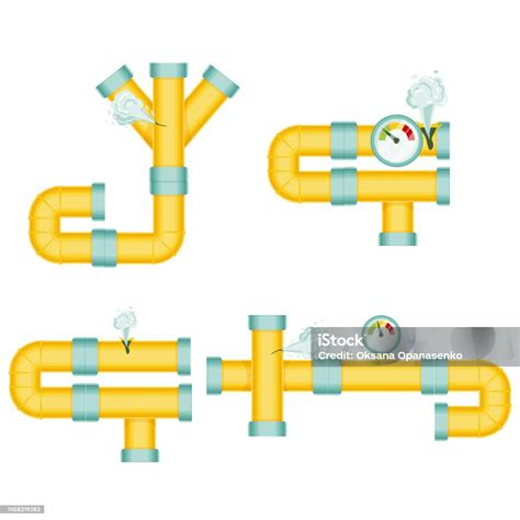 증기 또는 납 가스의 누출 파이프 라인의 파열로 깨진 파이프 수도꼭지 떨어지기 물 공급 문제 파이프 파손 흰색 배경에 격리된 바람 그림 0명에 대한 스톡 벡터 아트 및 기타