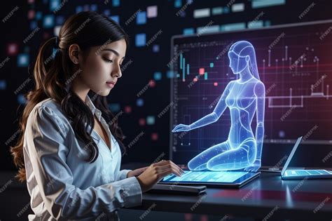 Software Coding Hologram And Woman Analyzing Data On Tablet Premium Ai Generated Image