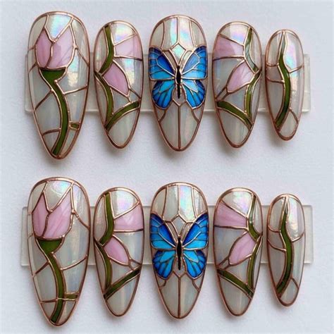 Handmade Stained Glass Butterfly Press On Nails Iridescent Pearl Base
