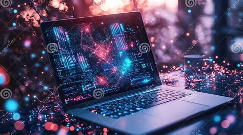 Colorful Laptop Displaying Digital Data Visualization In A Modern Workspace During Nighttime