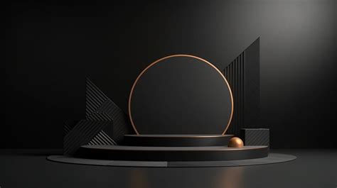 Geometry Podium Mock Up Scene For Showcase Of Products On Abstract Black Background 3d Render