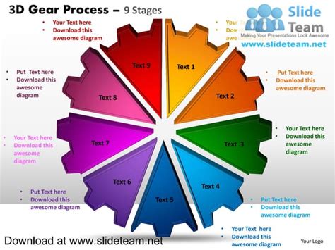 3 D Gear Split Up Into Pie Chart Pieces Process 9 Stages Style 1 Powerpoint Presentation Slides