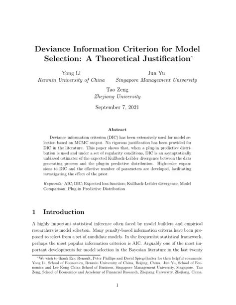 Deviance Information Criterion For Model Selection Justification And Variation Docslib