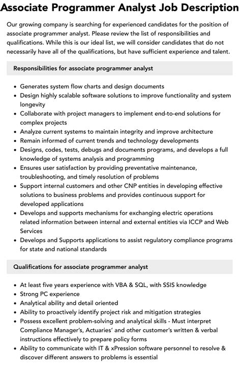 Associate Programmer Analyst Job Description | Velvet Jobs