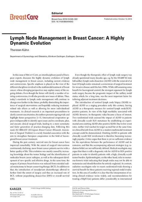 Lymph Node Management In Breast Cancer A Highly Dynamic Evolution