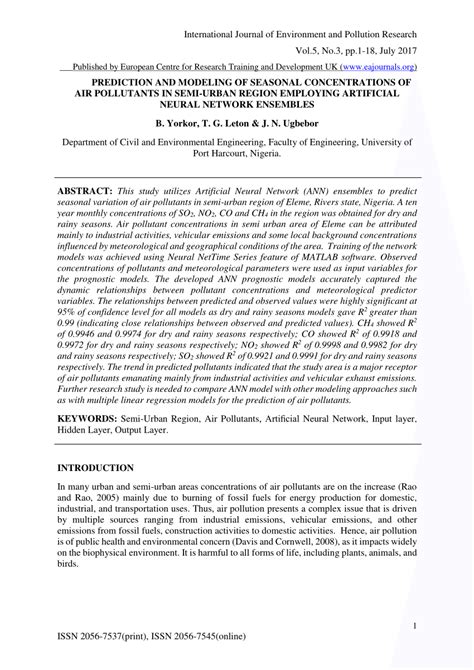 Pdf Prediction And Modeling Of Seasonal Concentrations Of Air