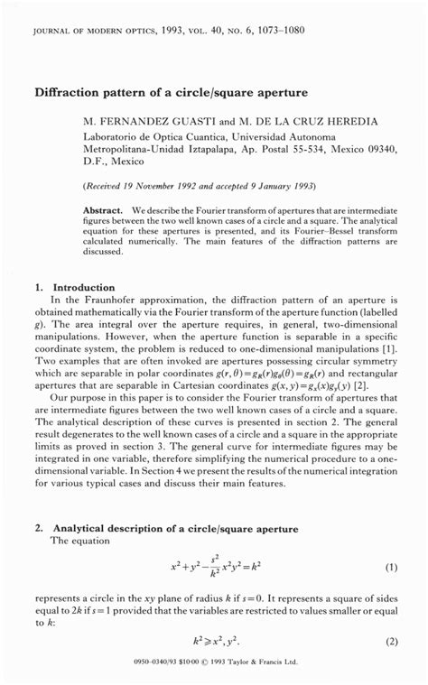 Pdf Diffraction Pattern Of A Circlesquare Aperture