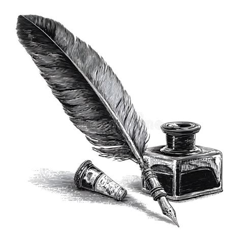 Classic Quill Pen And Inkwell Set On Vintage Writing Desk For History