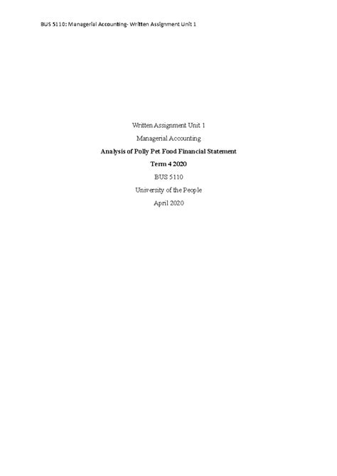 Bus 5110 Managerial Accounting Written Assignment Unit 1 6 Written Assignment Unit 1