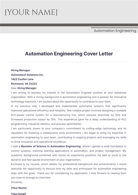 Free Automation Engineering Cover Letter Template To Edit Online