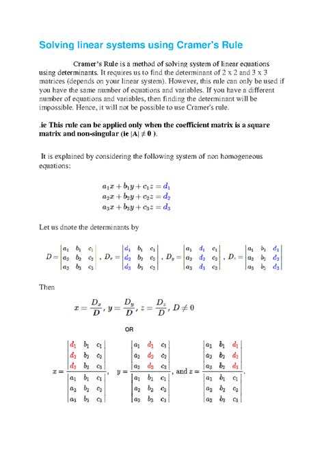 cramer s rule solving linear systems using cramer s rule solving