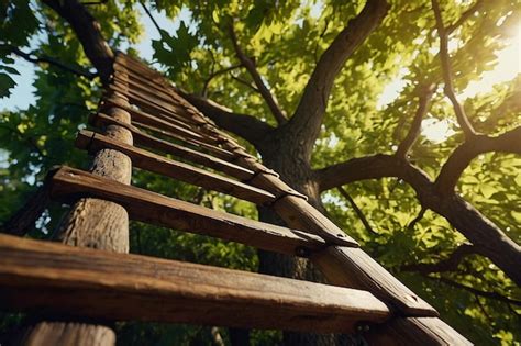 Wooden Ladder Ascending Into Oak Canopy Premium Ai Generated Image
