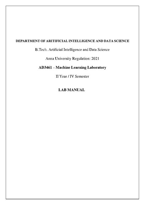 Al3451 Machine Learning Lab Manual Experiments And Implementation