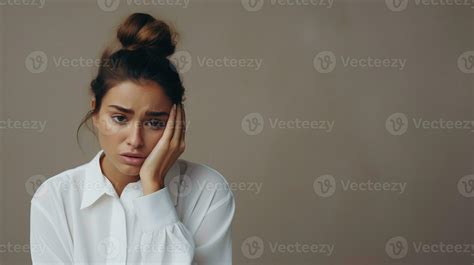 Ai Generated Worried Woman On Minimalist Background With Copy Space