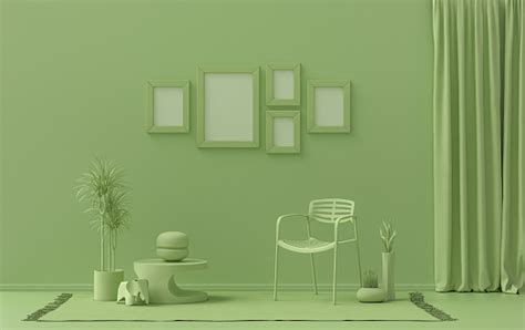 벽에 5 프레임 포스터 쇼케이스를위한 플랫 컬러 인테리어 룸 가구와 식물이있는 흑백 빛 녹색 갤러리 벽 3d 렌더링 0명에 대한 스톡 사진 및 기타 이미지 Istock