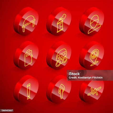 세트 라인 군사 헬멧 페인트 스프레이 캔 파손 경찰 폭행 방패 방독면 위치 평화 고무 지휘봉 및 토치 불꽃 아이콘 벡터 3차원 형태에 대한 스톡 벡터 아트 및 기타 이미지